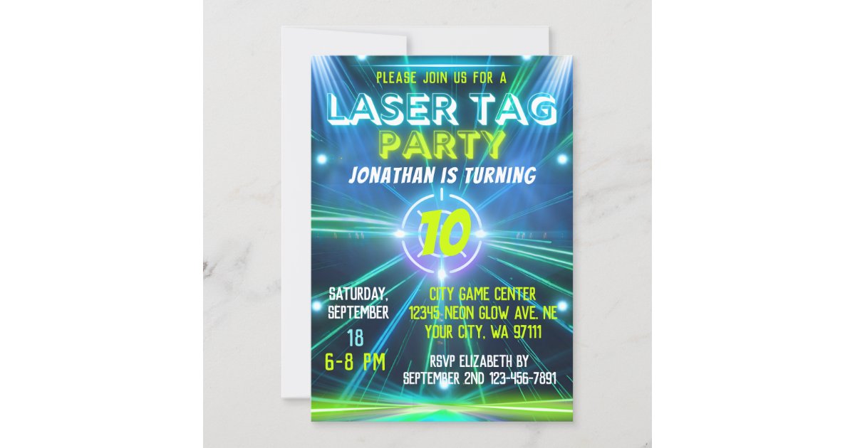 Laser Tag Blue Green Neon Glow Boys Birthday Party Invitation | Zazzle