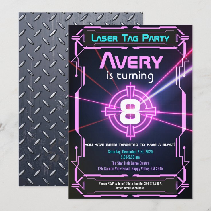 Laser Tag Girl Birthday Party Invitation Neon Pink | Zazzle
