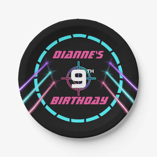 Laser Tag Girls Neon Pink Birthday Party Food Paper Plates | Zazzle