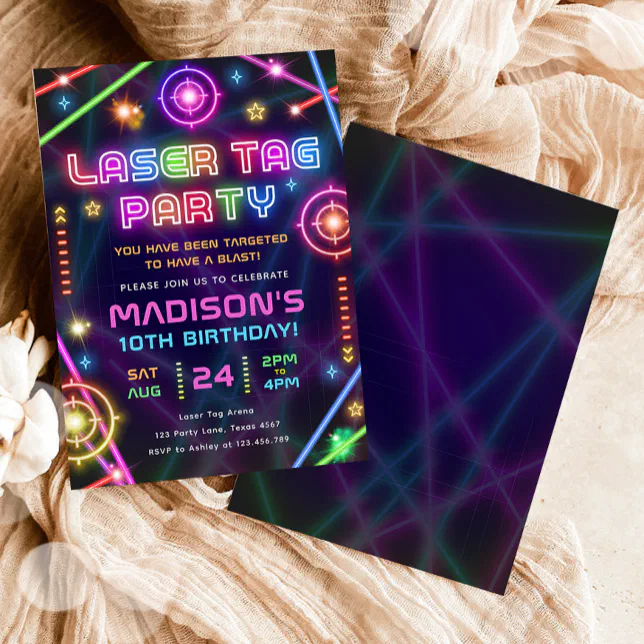 Laser Tag Neon Glow Arcade Party Girl Birthday Invitation | Zazzle