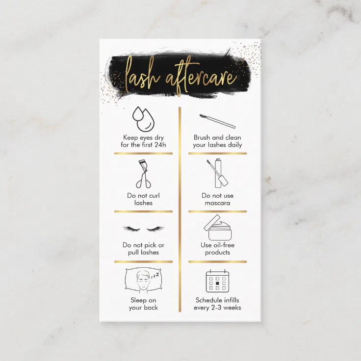Lash Aftercare Guide Black & Gold Glitter Salon Business Card | Zazzle