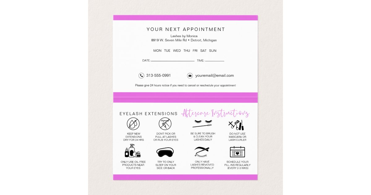 Lash Aftercare Instructions & Appointment Reminder Business Card | Zazzle
