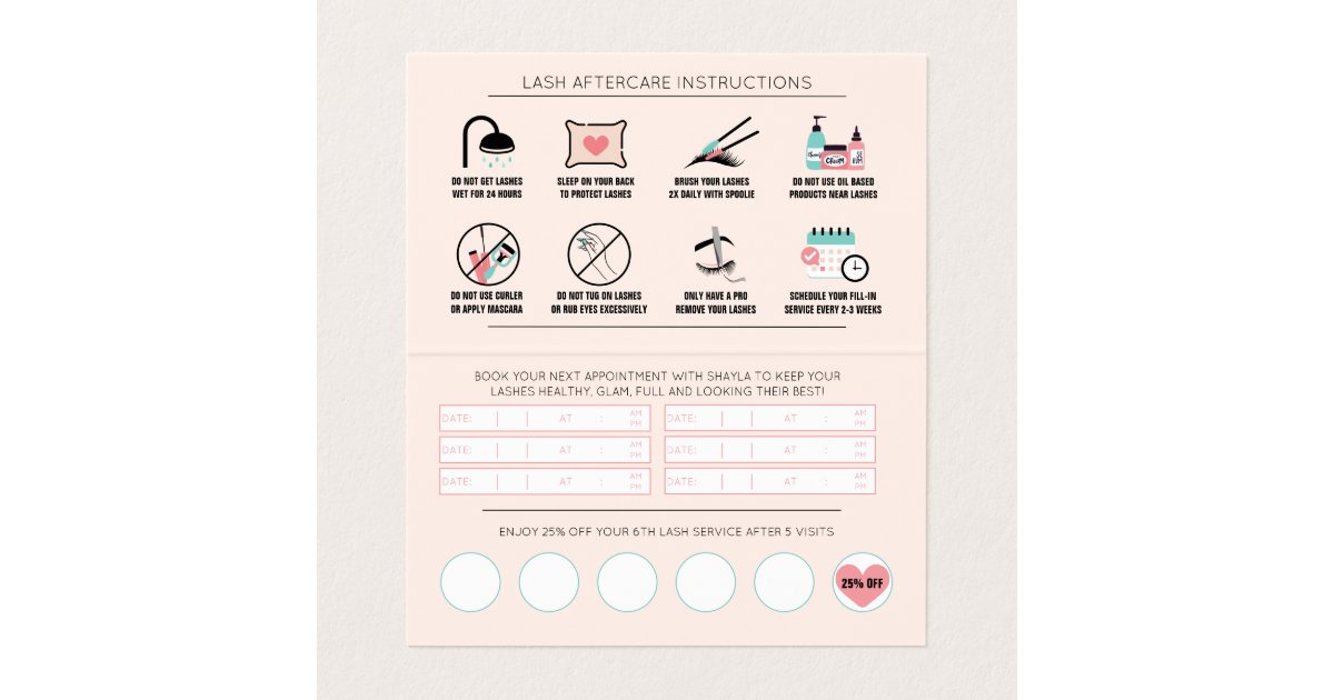 Lash Aftercare Instructions & Appointment Reminder Business Card | Zazzle