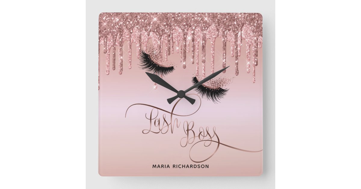 Lash Boss Makeup Eyebrow Eyes Lashes Dripping Gold Square Wall Clock ...