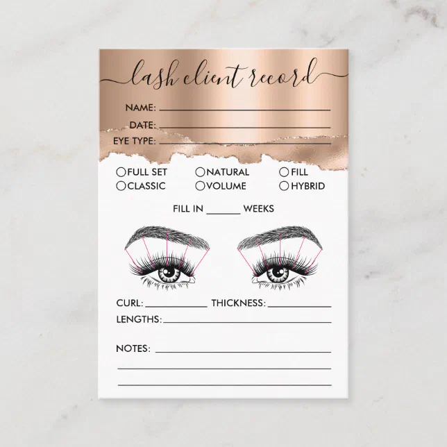 Lash Client Record Add Logo Rose Gold Tear Business Card | Zazzle