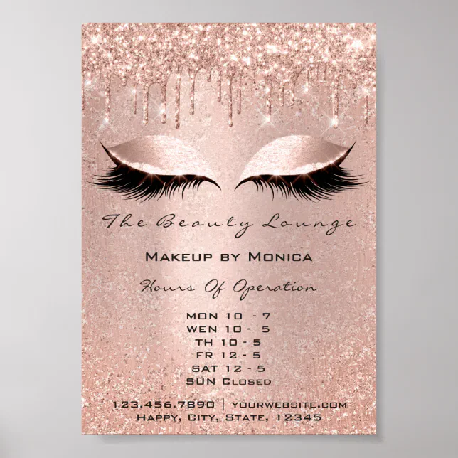 Lash Makeup Opening Hours Salon Rose Drips Glitter Poster | Zazzle