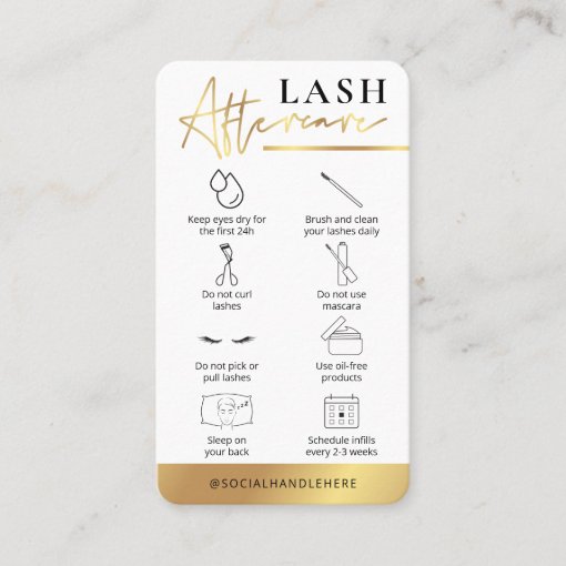 Lashes Aftercare Guide White & Gold Lash Salon Business Card | Zazzle