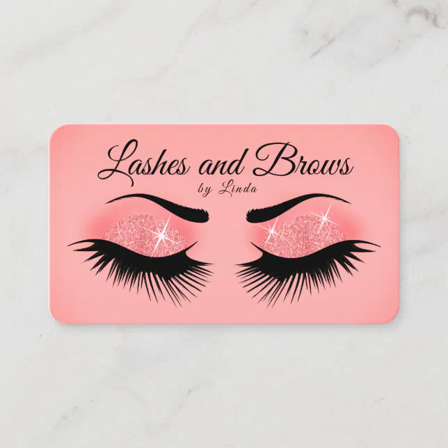 Lashes and Brows - Pink Coral Glitter Business Card | Zazzle