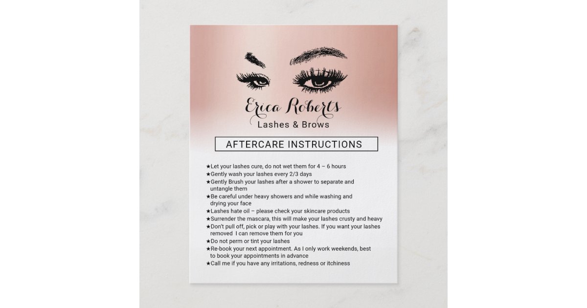 Lashes & Brows Makeup Artist Aftercare Instruction Flyer | Zazzle