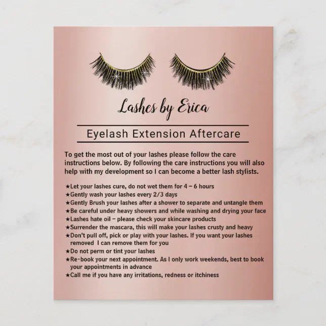 Lashes Eyelash Extension Salon Rose Gold Aftercare Flyer | Zazzle