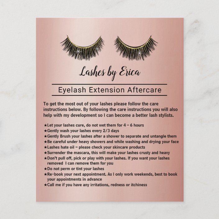 Lashes Eyelash Extension Salon Rose Gold Aftercare Flyer | Zazzle.com