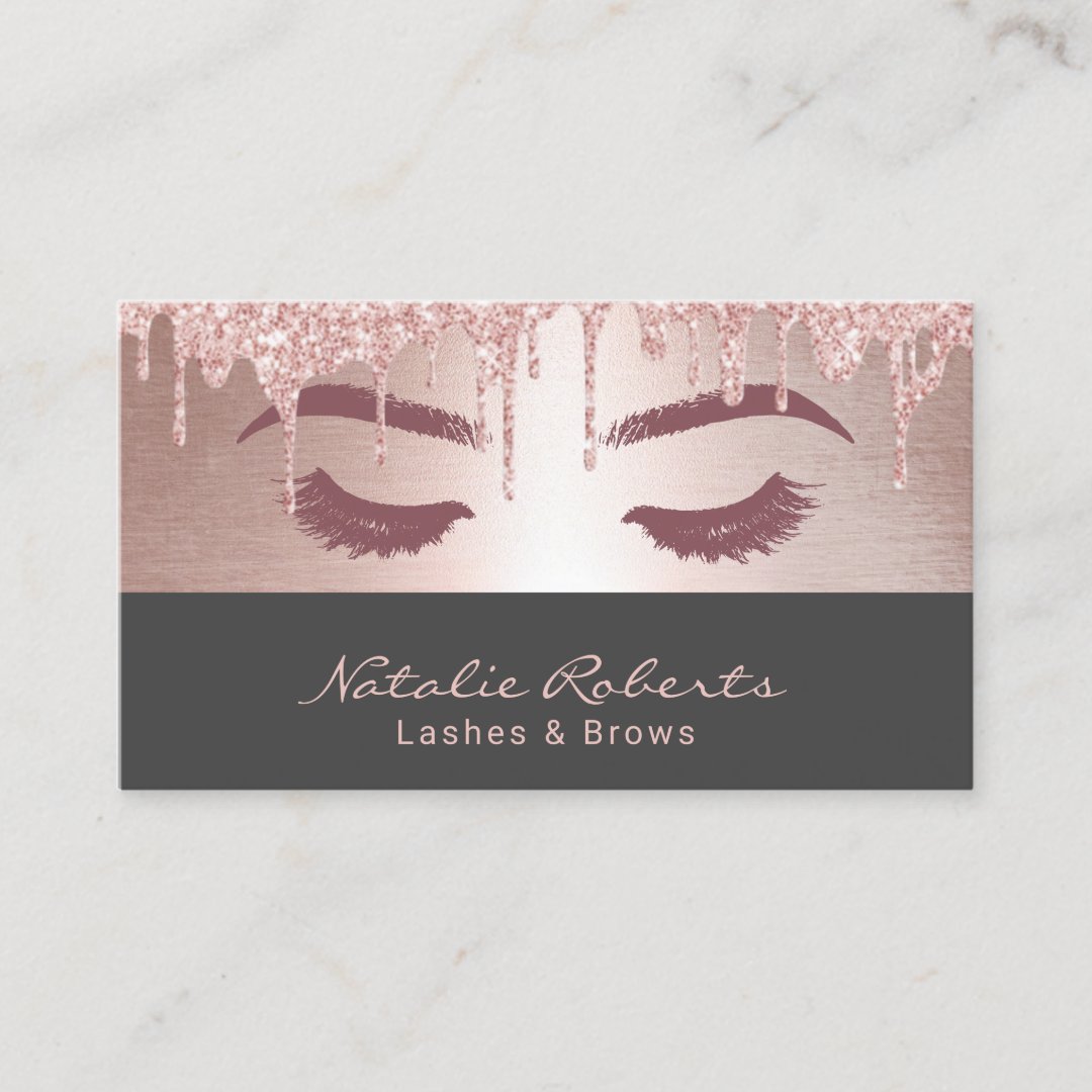 Lashes Eyelash Makeup Artist Rose Gold Drips Gray Business Card | Zazzle