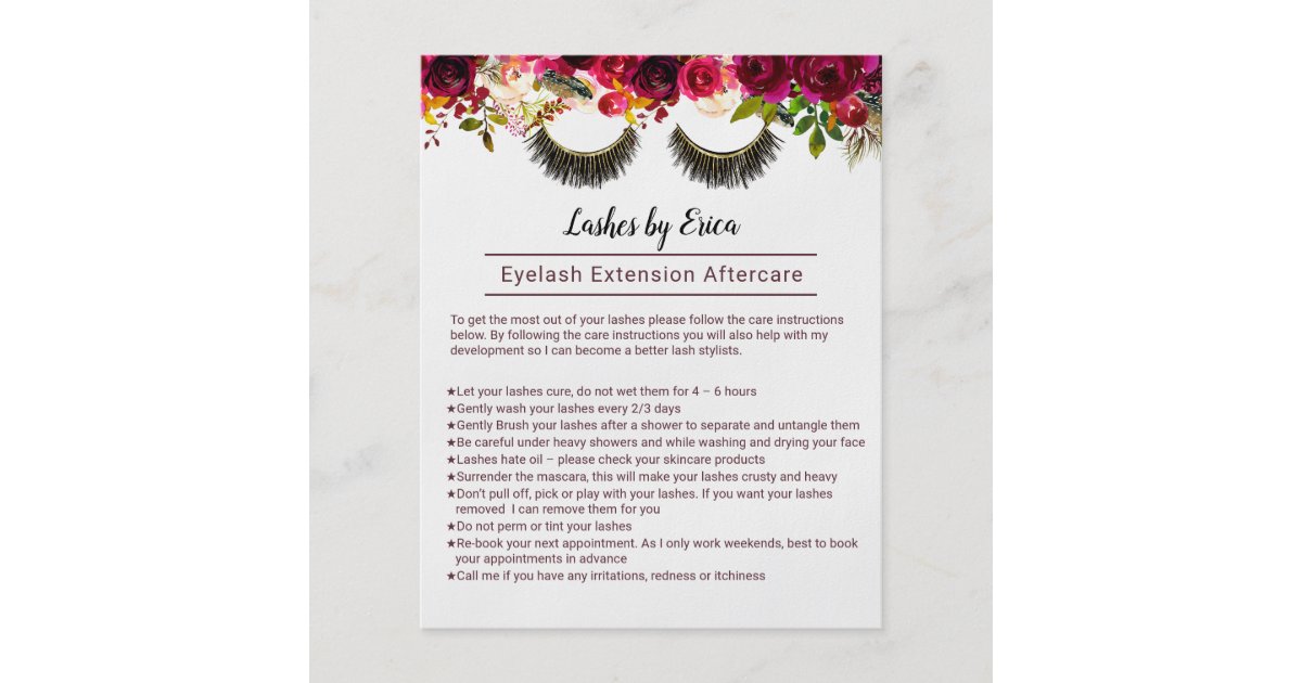 Lashes Makeup Artist Floral Aftercare Instruction Flyer | Zazzle