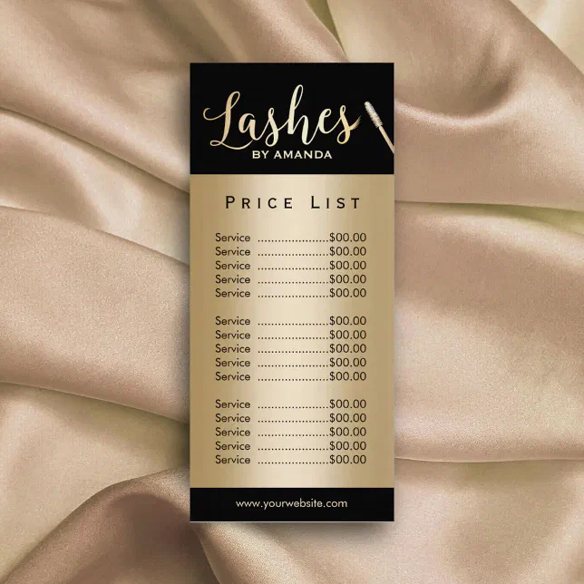 Lashes Makeup Artist Modern Black Gold Price List Rack Card | Zazzle