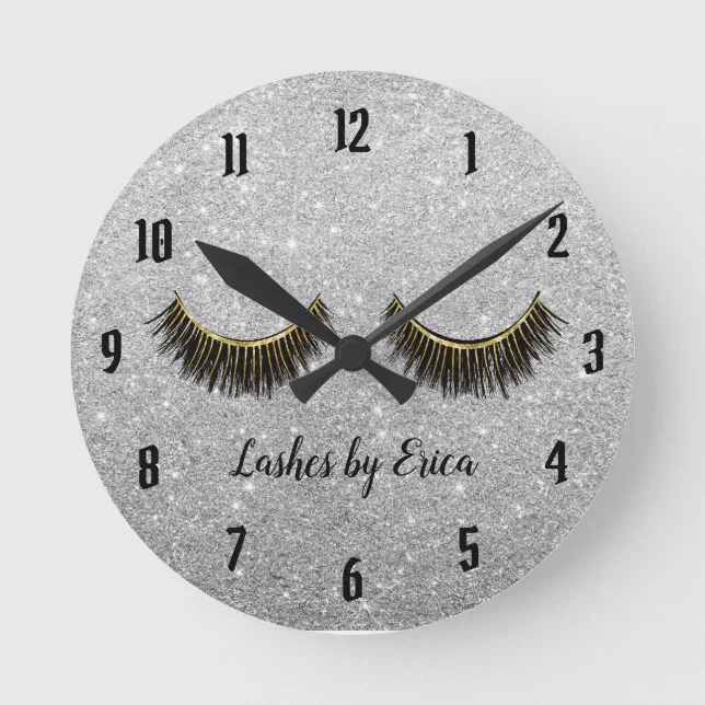 Lashes Makeup Artist Modern Silver Glitter Round Clock | Zazzle