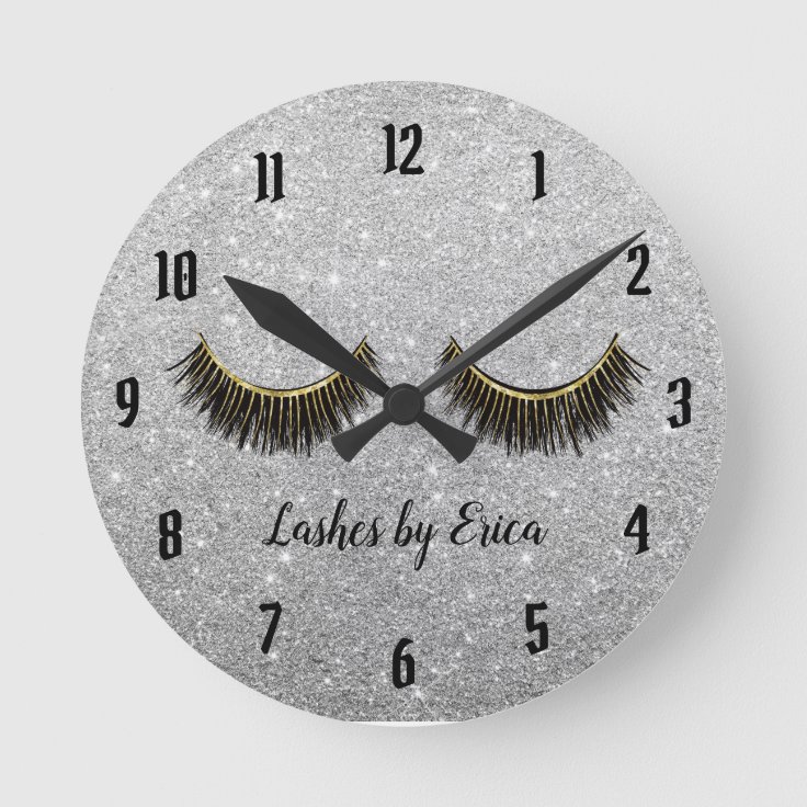 Lashes Makeup Artist Modern Silver Glitter Round Clock | Zazzle