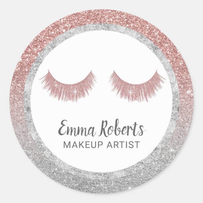 Lashes Makeup Artist Rose Gold & Silver Glitter Classic Round Sticker ...