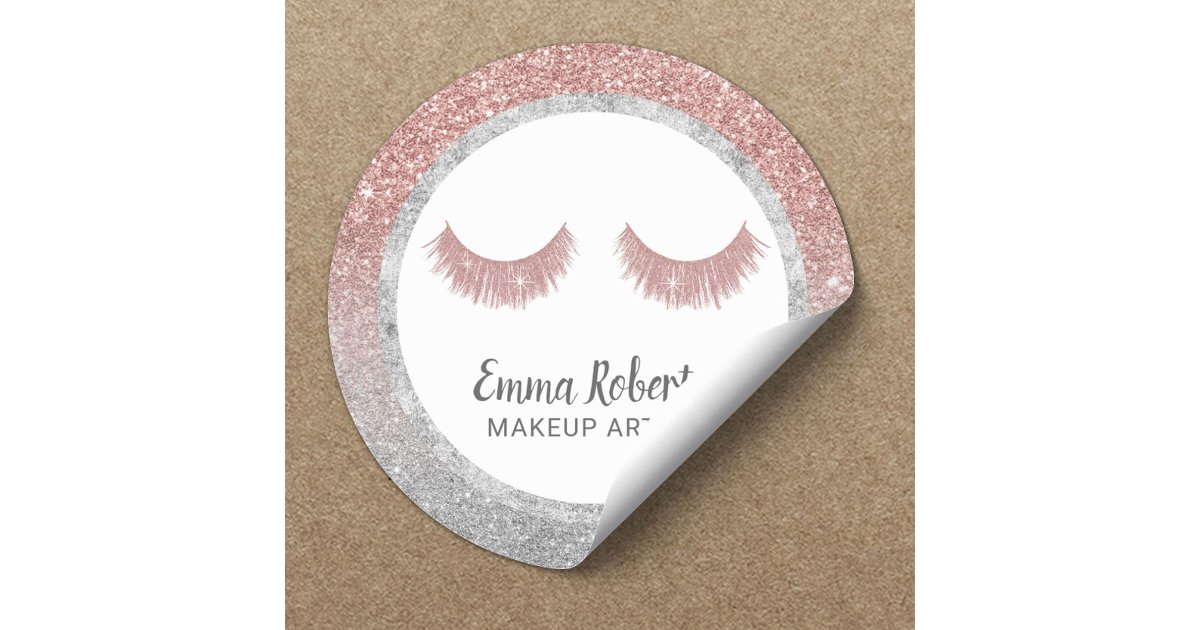 Lashes Makeup Artist Rose Gold & Silver Glitter Classic Round Sticker ...