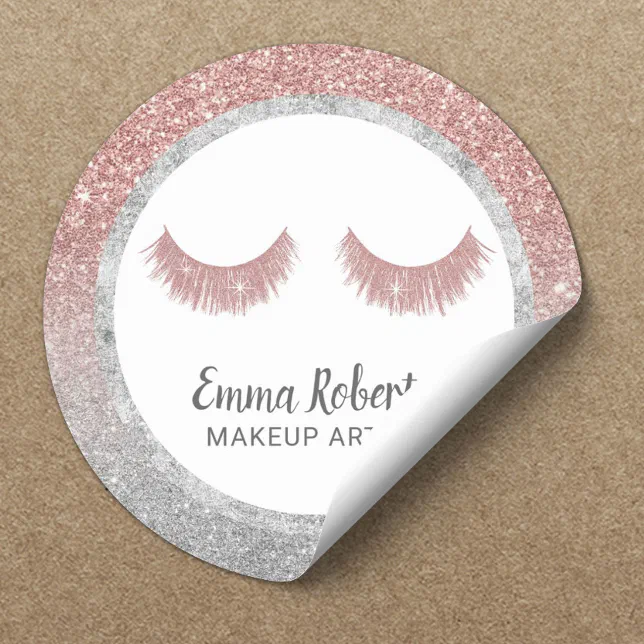 Lashes Makeup Artist Rose Gold & Silver Glitter Classic Round Sticker ...