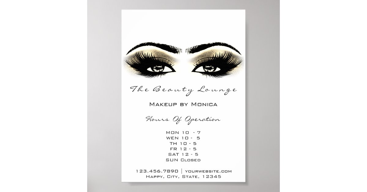 Lashes Makeup Opening Hours Gold Salon White Poster | Zazzle