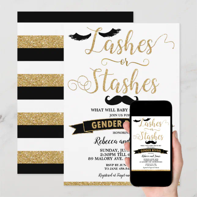 Lashes or Stashes Gender Reveal Baby Shower Gold Invitation | Zazzle