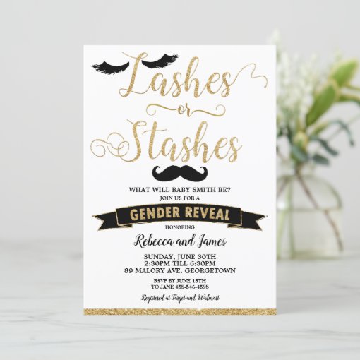 Lashes or Stashes Gender Reveal Baby Shower Gold Invitation | Zazzle