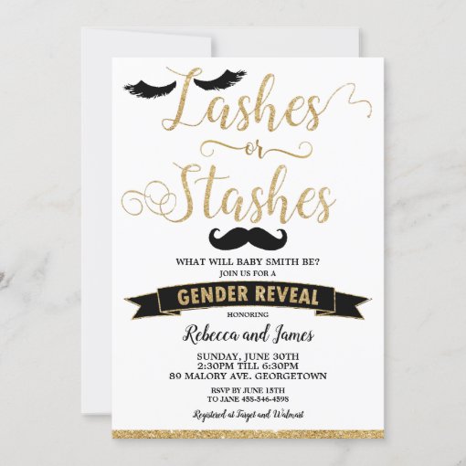 Lashes or Stashes Gender Reveal Baby Shower Gold Invitation | Zazzle