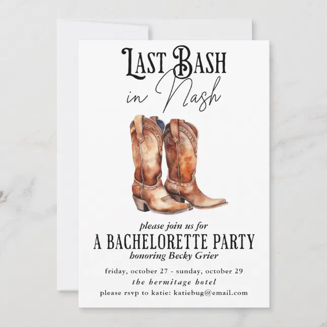 Last Bash in Nash Bachelorette Party Cowgirl Weste Invitation | Zazzle