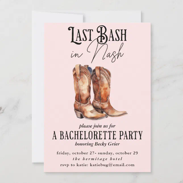 Last Bash in Nash Pink Cowgirl Bachelorette Party Invitation | Zazzle