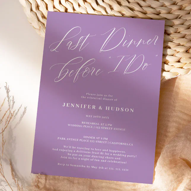 Last dinner purple wedding rehearsal dinner invitation | Zazzle