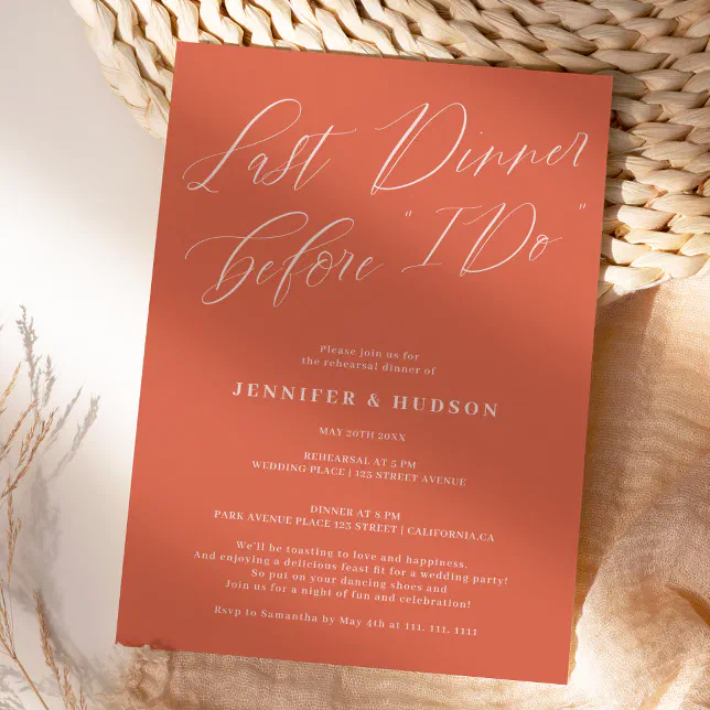 Last dinner terracotta wedding rehearsal dinner invitation | Zazzle