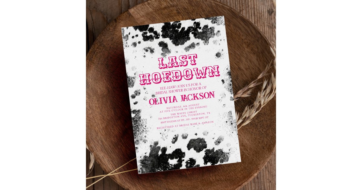 Last Hoedown Cow Print Hot Pink Bridal Shower Invitation | Zazzle