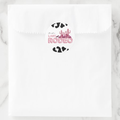 Last rodeo balloon font and cow print classic round sticker | Zazzle