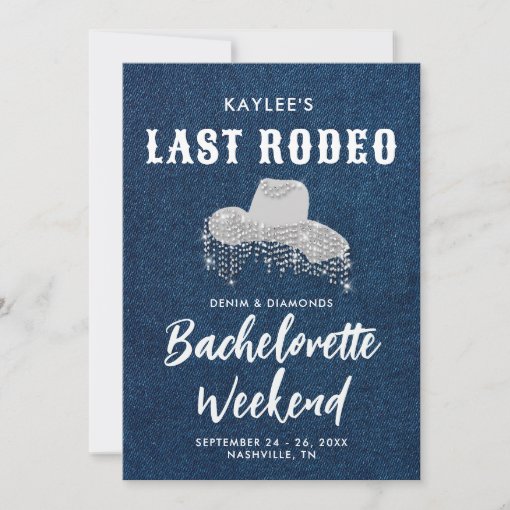 Last Rodeo Denim Diamonds Cowgirl Hat Bachelorette Invitation | Zazzle
