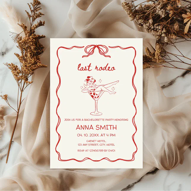 Last Rodeo Hand-drawn Cowgirl Red Bachelorette Invitation | Zazzle