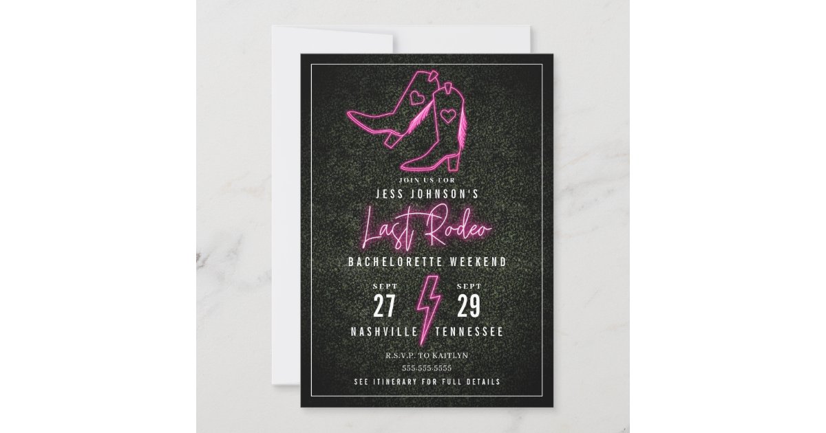 Last Rodeo Pink Neon Cowboy Boots Bachelorette In Invitation | Zazzle