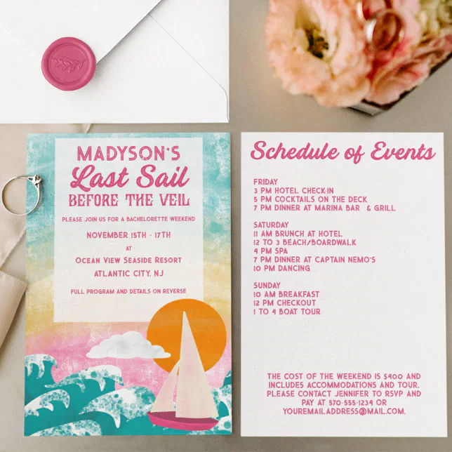 Last Sail Before the Veil Sailboat Bachelorette Invitation | Zazzle