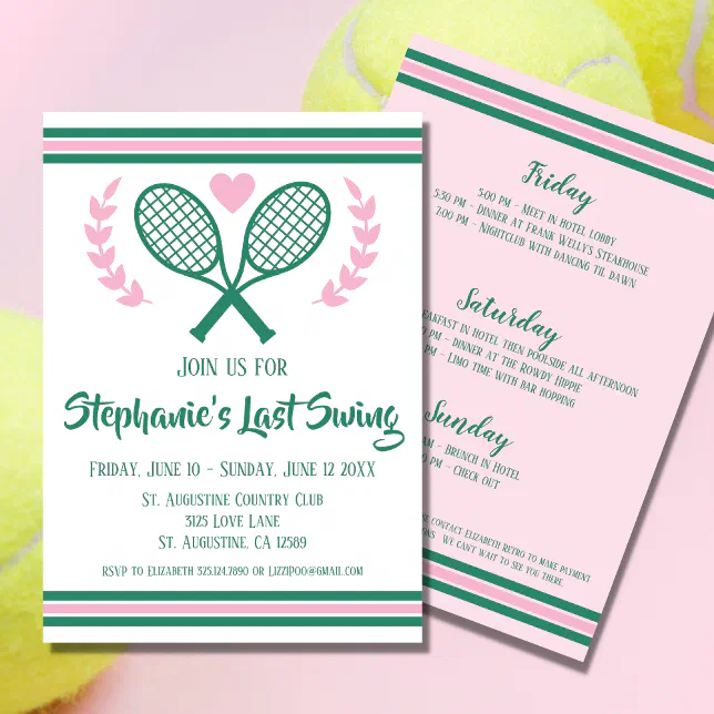 Last Swing Tennis Country Club Bachelorette Invitation | Zazzle