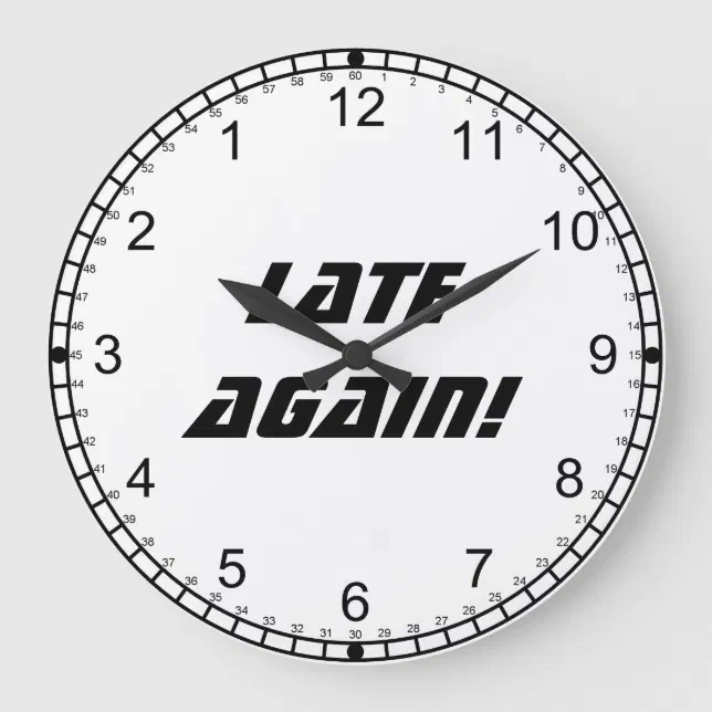 Late Again!-Backwards Clock/Black and White Large Clock | Zazzle