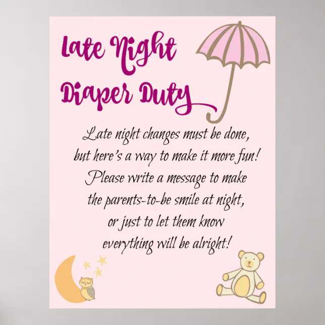 Late Night Diaper Duty Sign Baby Shower Game | Zazzle