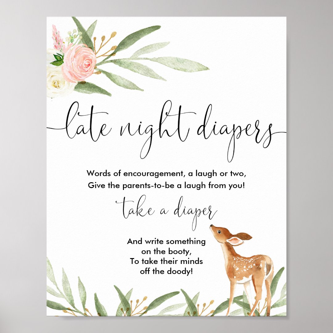 Late night diapers deer girl baby shower sign | Zazzle