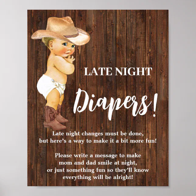 Late Night Diapers Game Cowboy Baby Shower Sign | Zazzle
