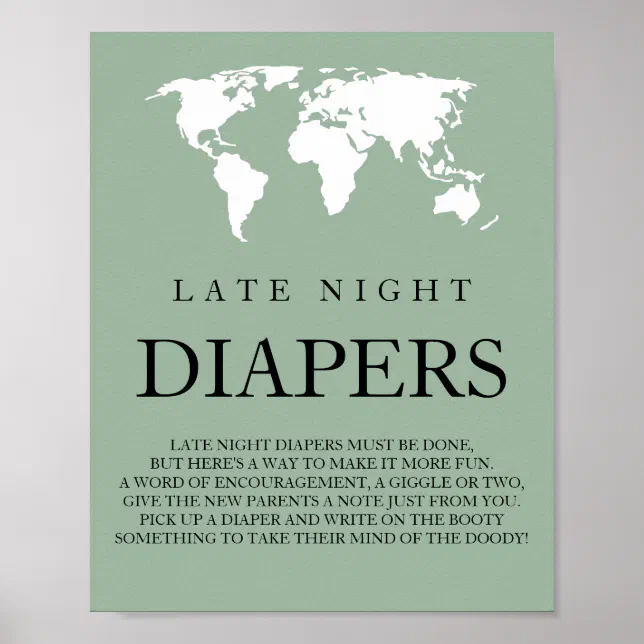 Late Night Diapers Travel World Map Baby Shower Poster | Zazzle