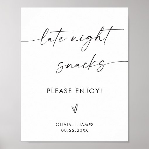 Late Night Snacks Wedding Sign, Wedding Snack Bar Poster | Zazzle