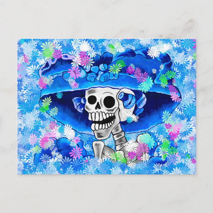 Laughing Skeleton Woman in Blue Bonnet on Blue Postcard | Zazzle