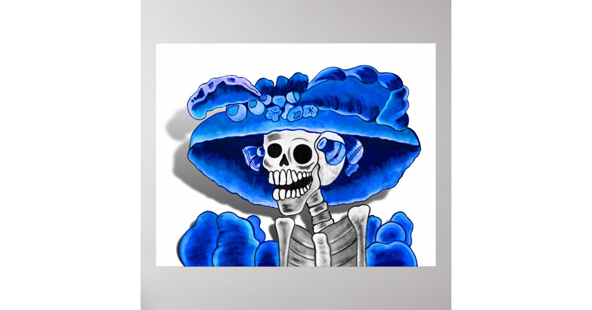 Laughing Skeleton Woman in Blue Bonnet Poster | Zazzle