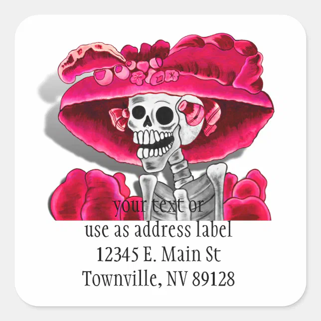 Laughing Skeleton Woman in Red Bonnet Square Sticker | Zazzle