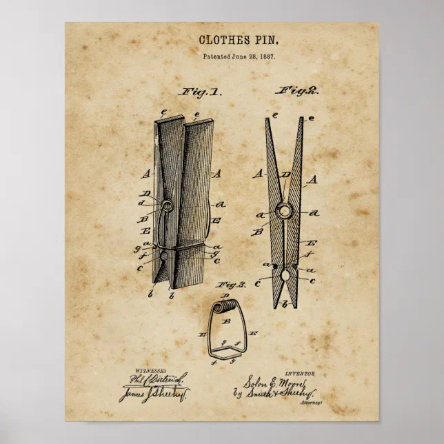 Laundry Decor Wood Clothes Pin Blueprint Art | Zazzle