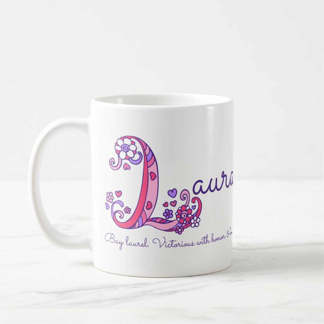 Laura name meaning heart flower L monogram mug | Zazzle