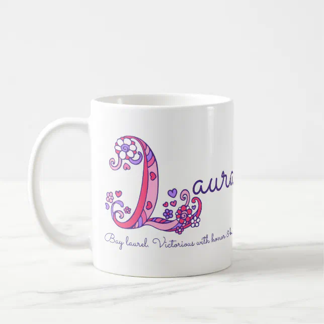 Laura name meaning heart flower L monogram mug | Zazzle